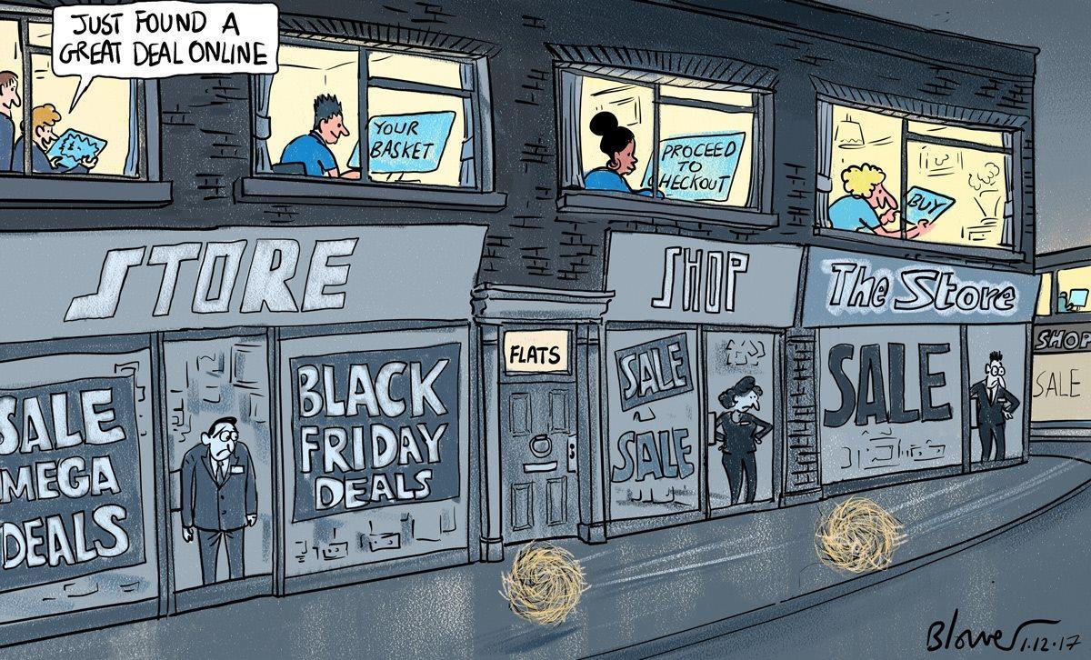Blower s retail cartoon Ecommerce wins on Black Friday Cartoon Retail Week